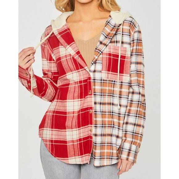 Love Tree | Tops | New Love Tree Two Tone Hooded Flannel Shirt In Red ...